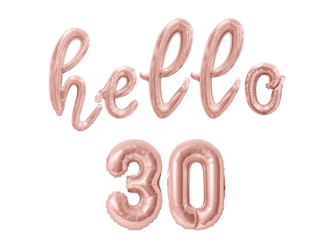 HELLO 30 Cursive Letter and Number Balloon Banner - Gold, Rose Gold ...