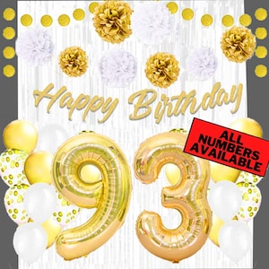 Gold & White 93rd Birthday Decorations for Women - 40" Number Balloons ...