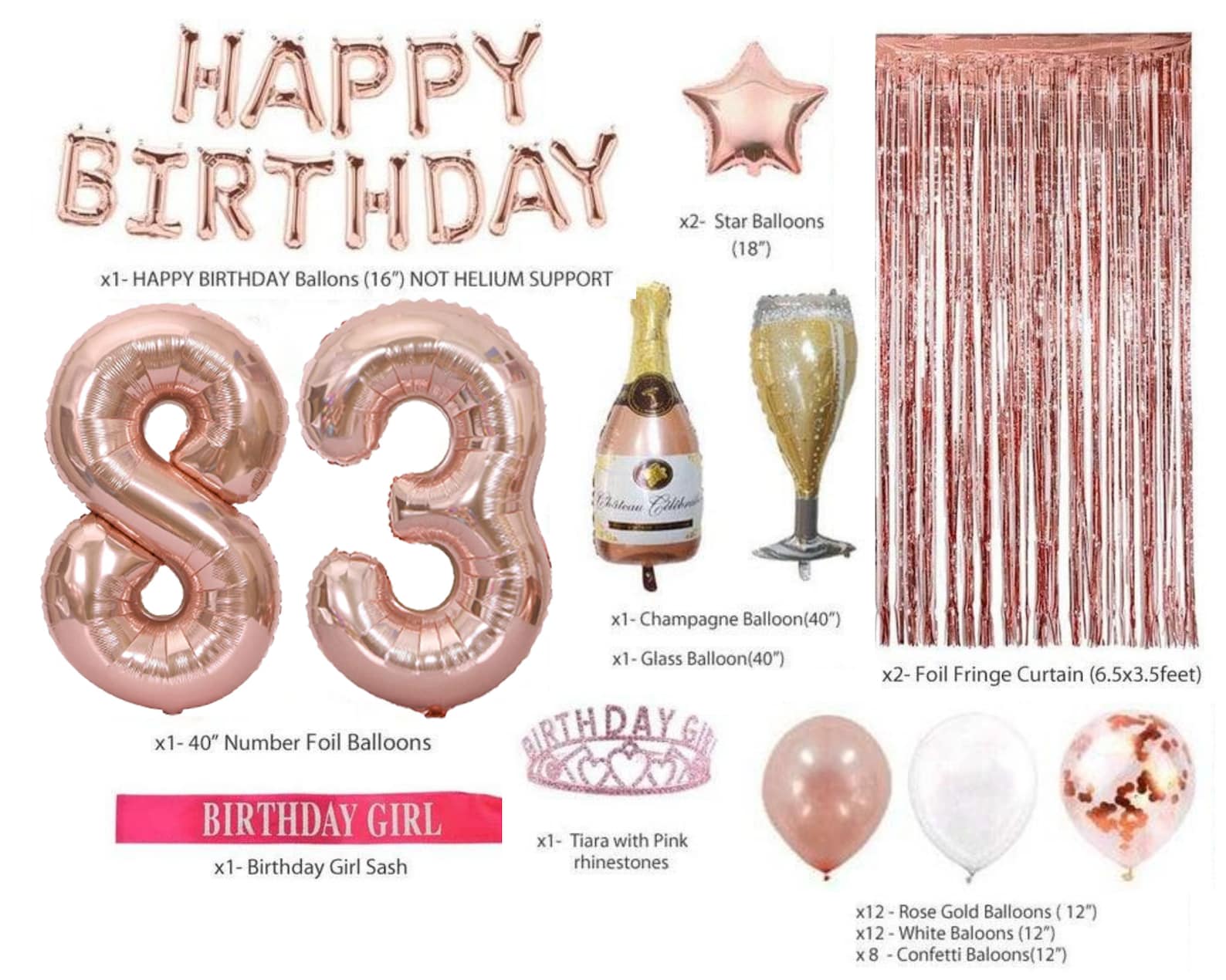 83rd Birthday Rose Gold Decorations Incl. 40 Number 83 Balloons, 16 ...