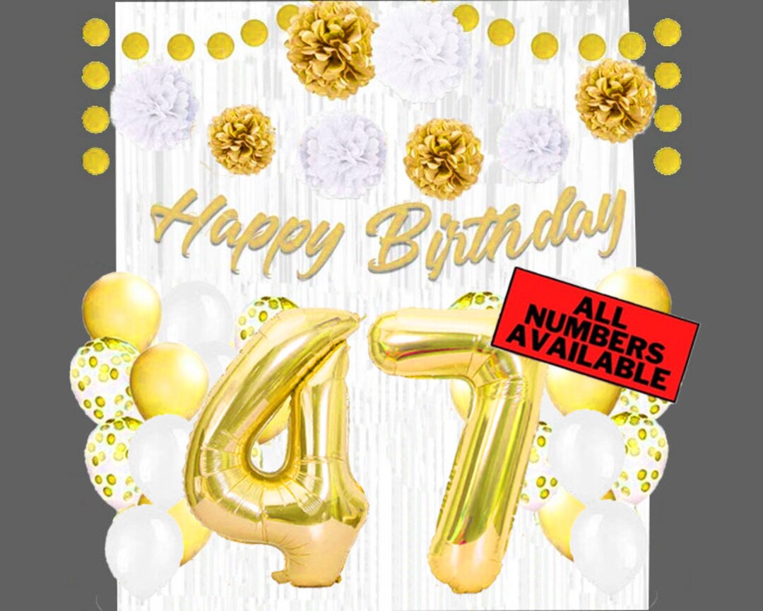 Gold & White 47th Birthday Decorations for Women - 40" Number Balloons ...