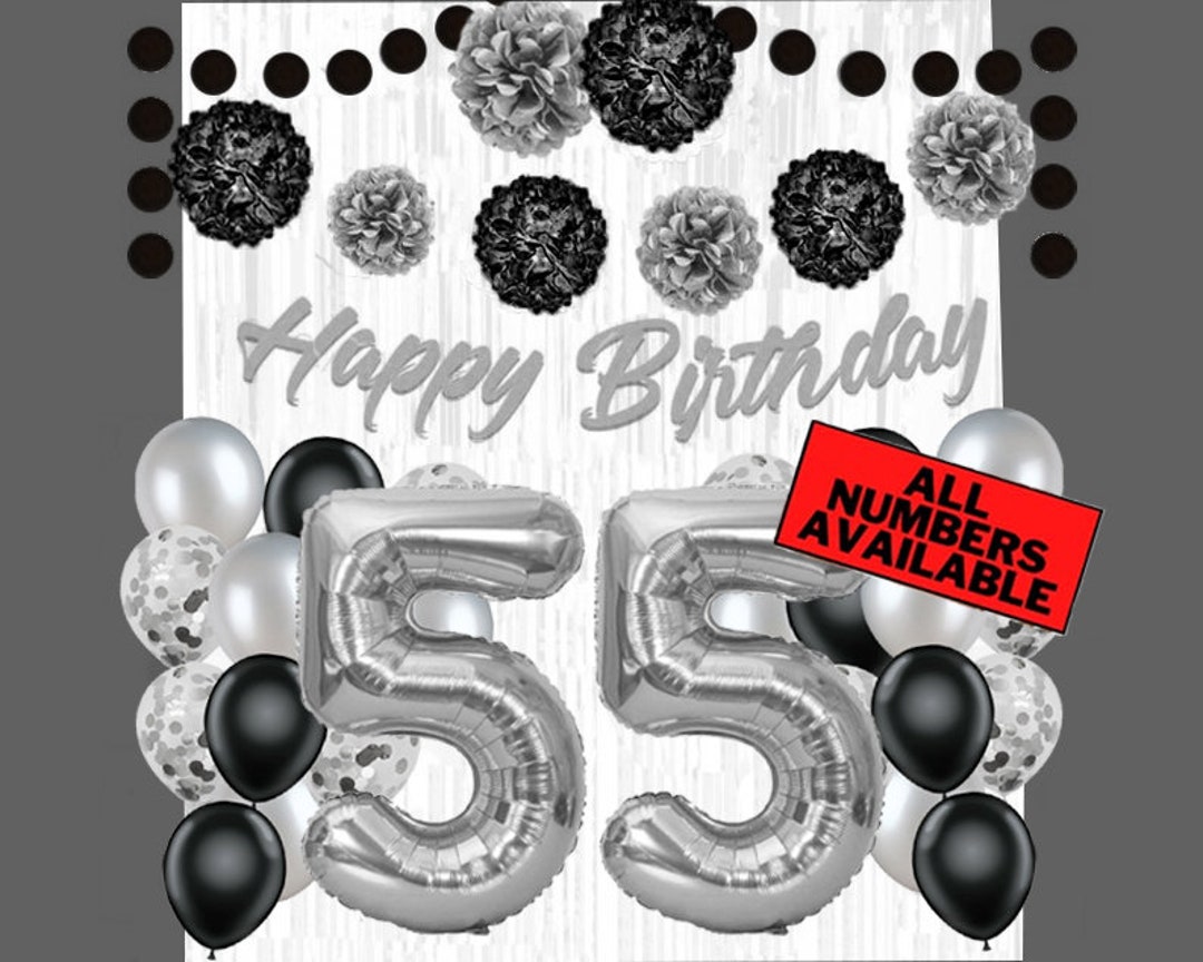Black & Silver 55th Birthday Decorations for Men - 40" Number Balloons ...