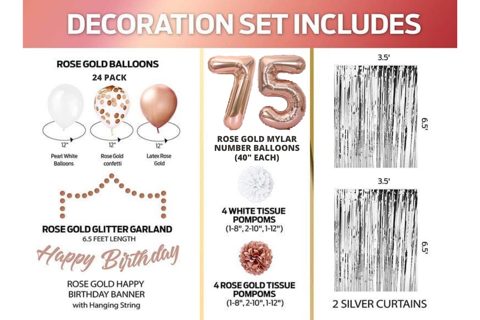 Rose Gold 75th Birthday Decorations for Women - 40" Number Balloons ...