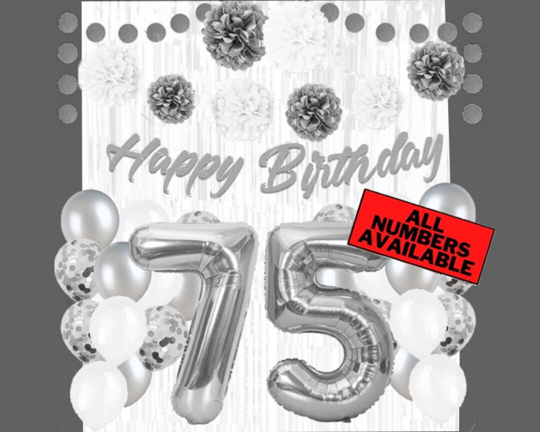 White & Silver 75th Birthday Decorations for Men - 40" Number Balloons ...