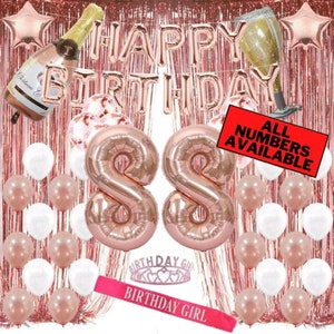 88th Birthday Rose Gold Decorations Incl. 40" Number "88" Balloons, 16 ...