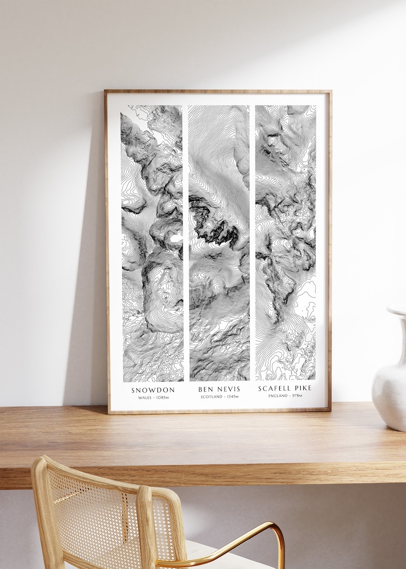Three Peaks Print | Topography Contour Map - Ben Nevis - Snowdon ...