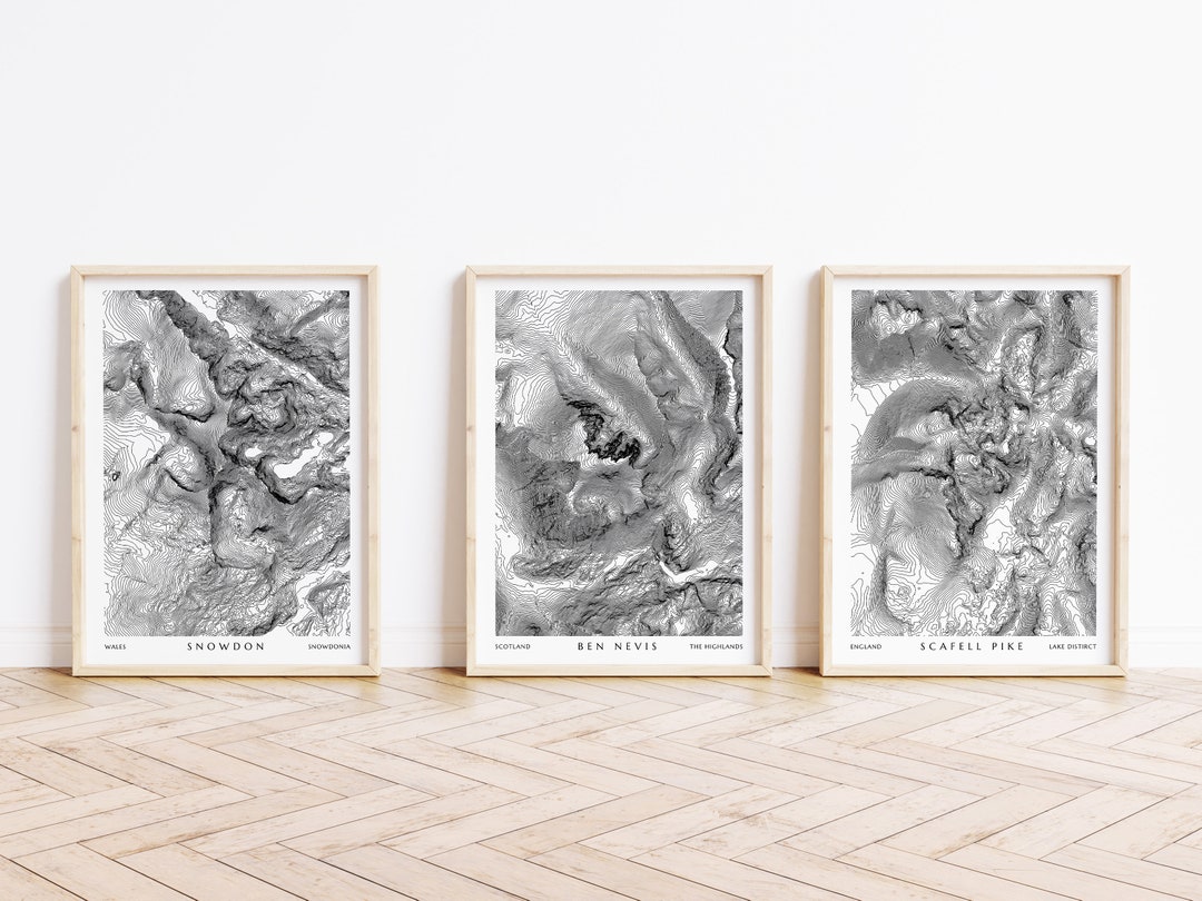Three Peaks Set of 3 Prints Topography Map Ben Nevis Snowdon Scarfell ...