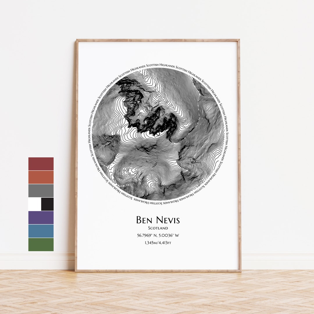 Ben Nevis Print | Scottish Highlands- Mountain Map Print - Contour Map ...