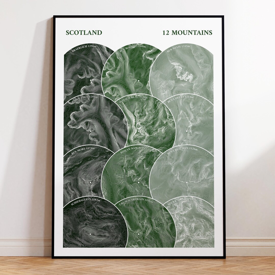Scotland Mountains Wall Art | Topographic Contour Map Munro Print - Etsy