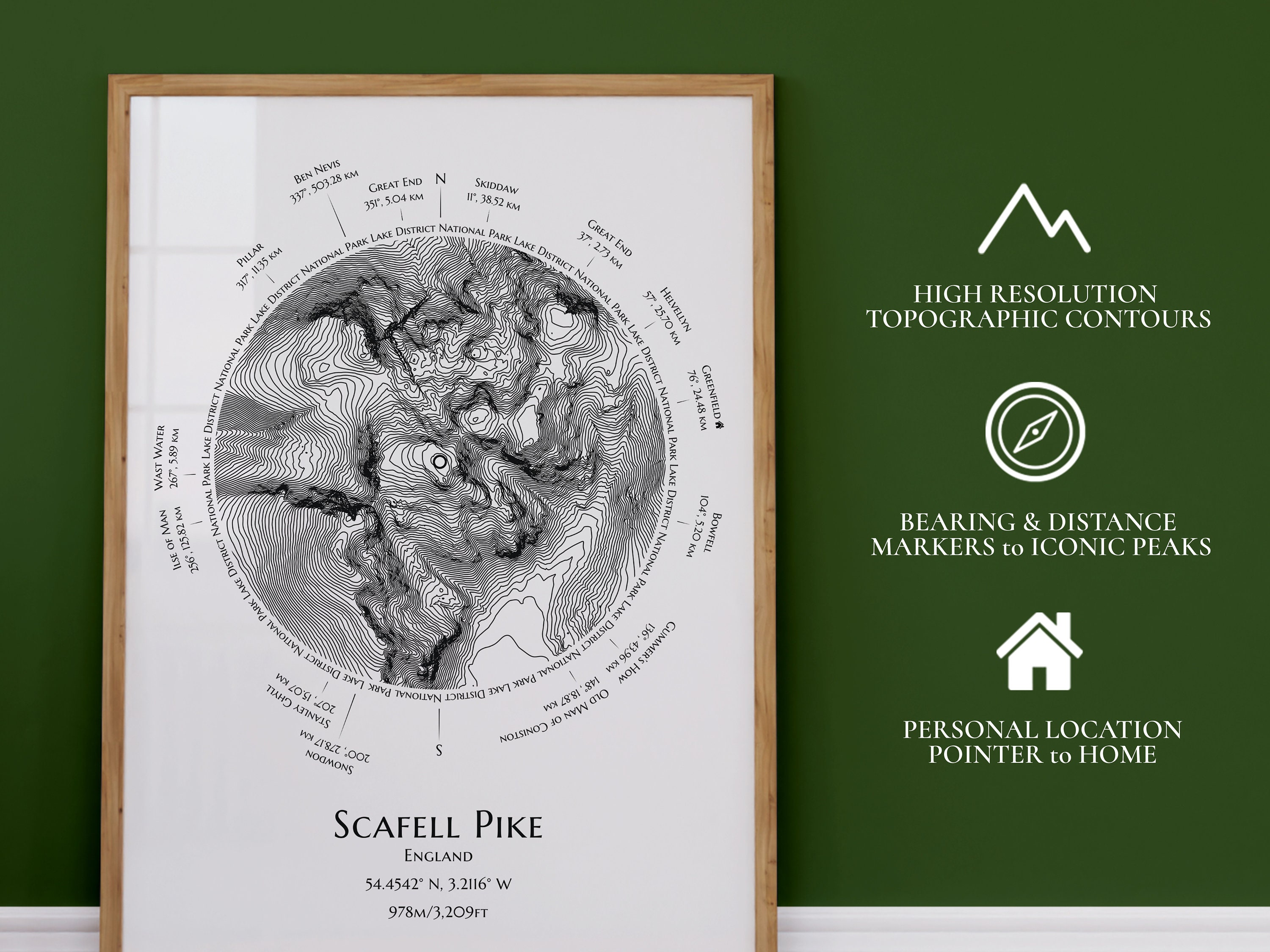 Scafell Pike Map Print Lake District Triangulation Map Mountain Map ...
