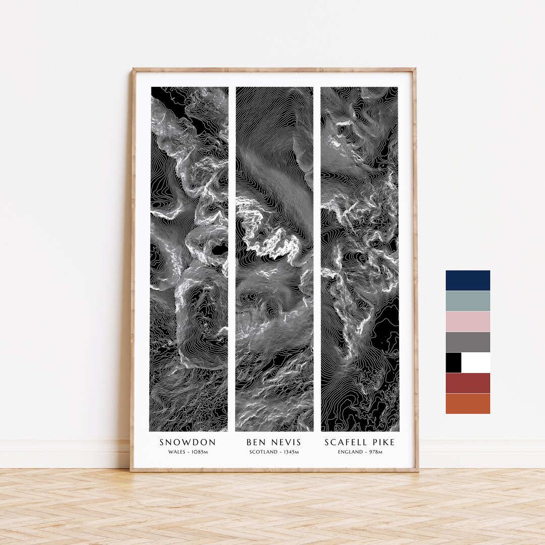 Three Peaks Print | Topography Contour Map - Ben Nevis - Snowdon ...