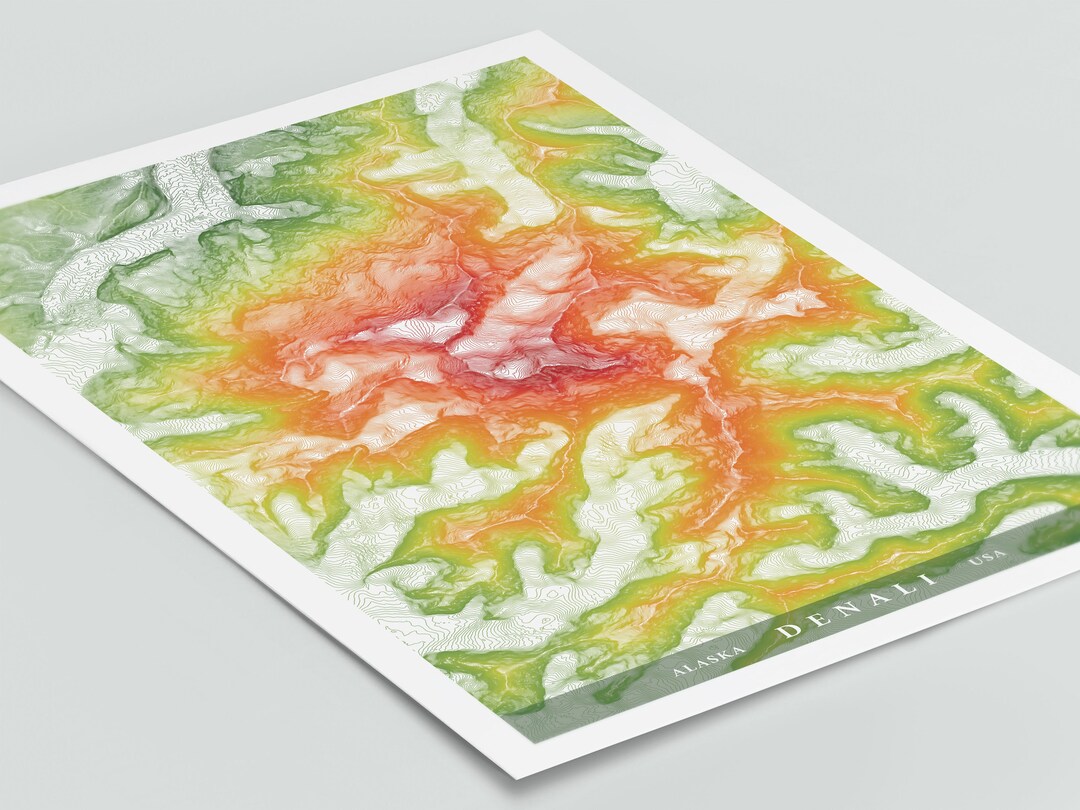 Denali Heat Contour Topographic Map Alaska United States Etsy