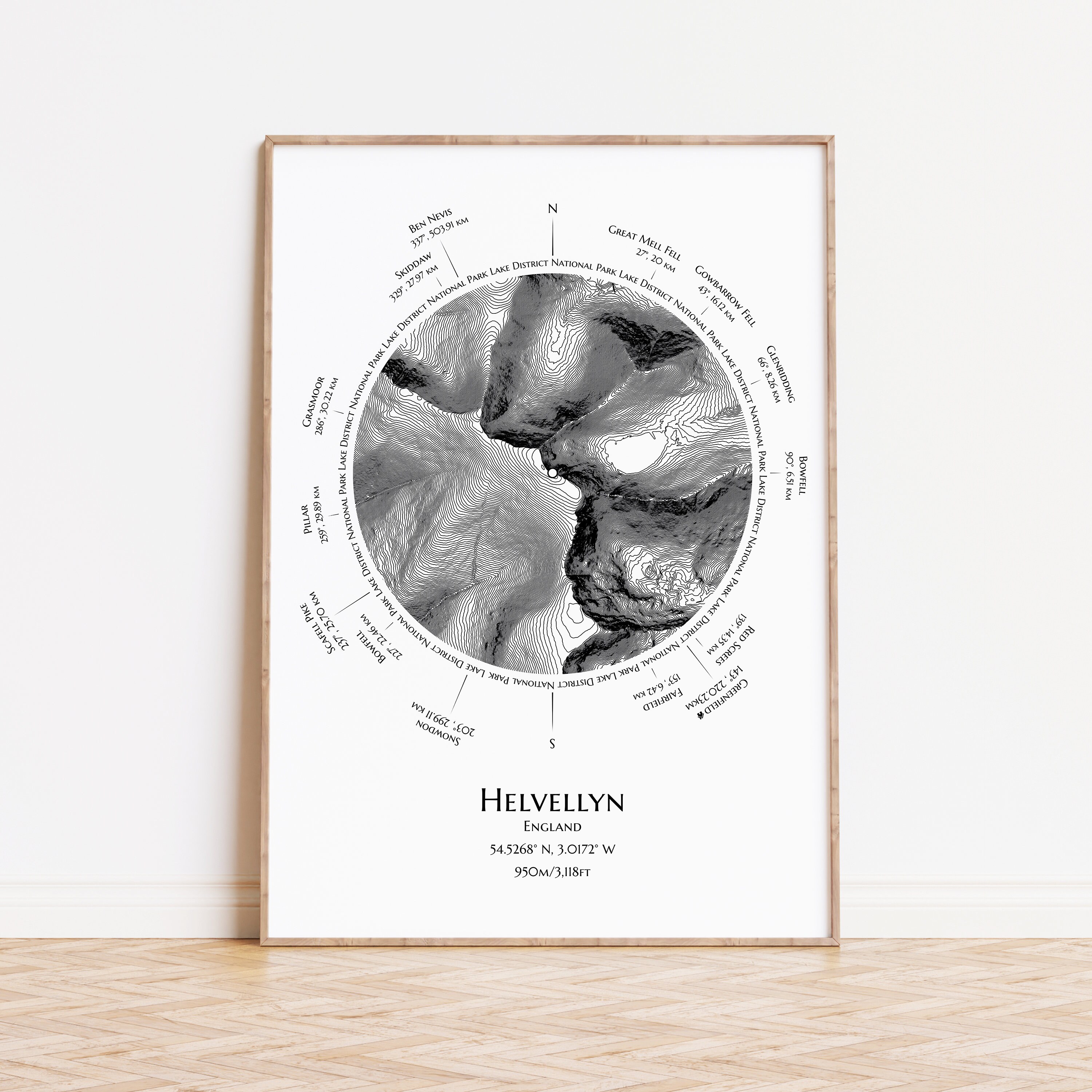 Helvellyn Map Print | Lake District- Triangulation Map - Mountain Map ...
