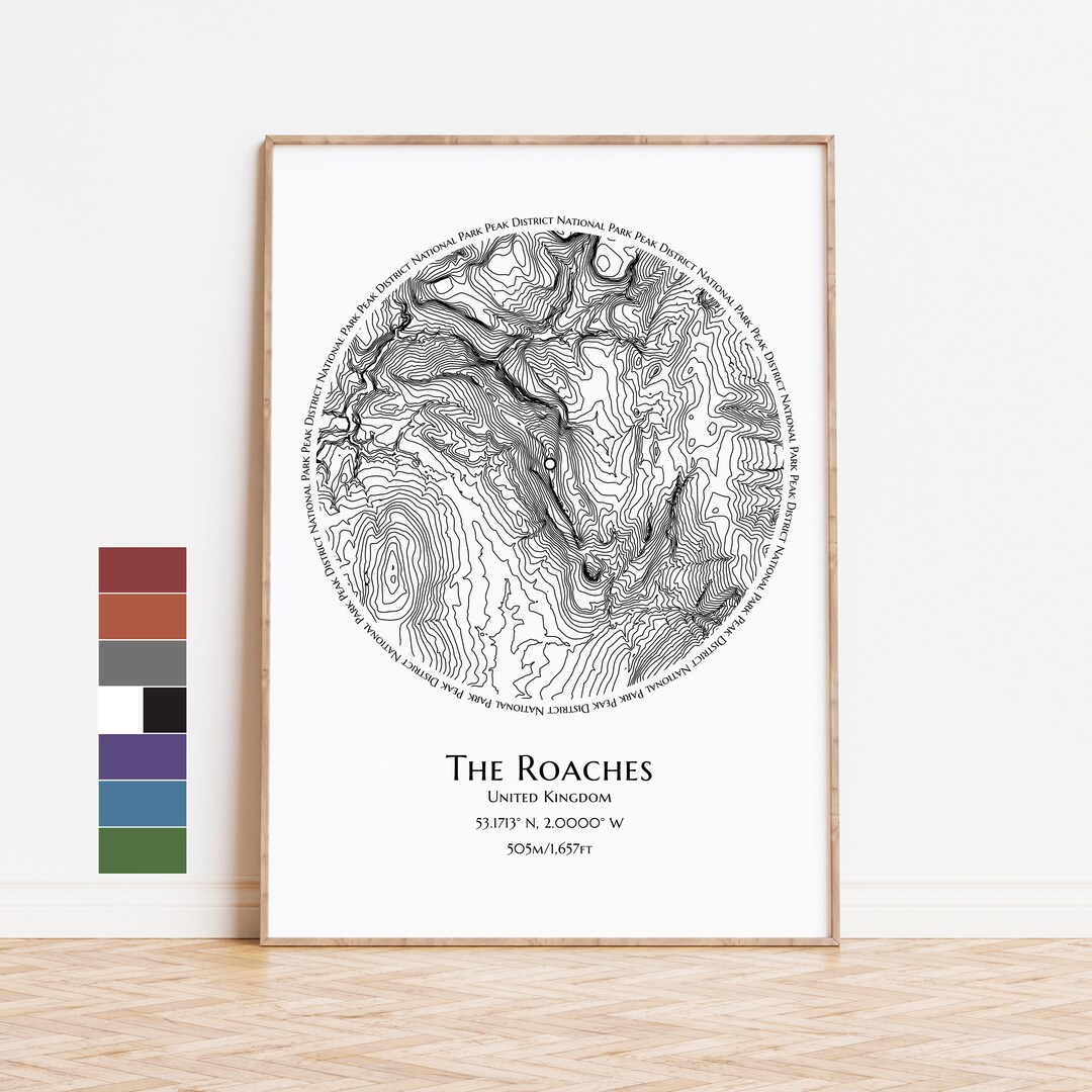 The Roaches Print | Peak District - Mountain Map Print - Contour Map ...