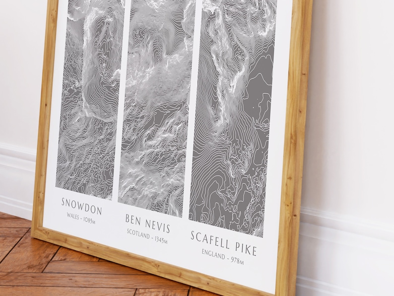 Three Peaks Print | Topography Contour Map - Ben Nevis - Snowdon ...
