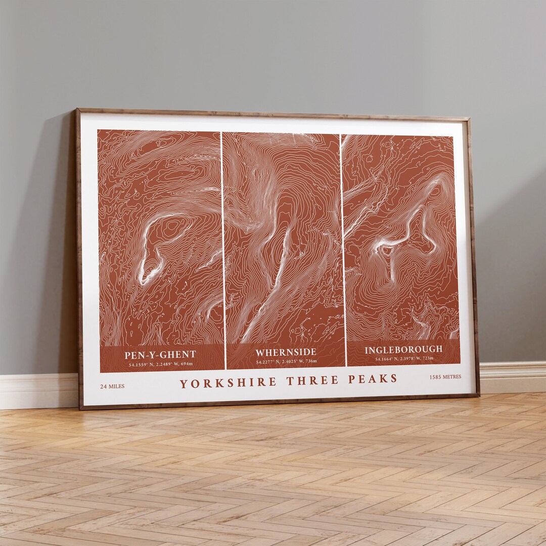 Yorkshire Three Peaks Print | Yorkshire Dales - Mountain Map Print ...