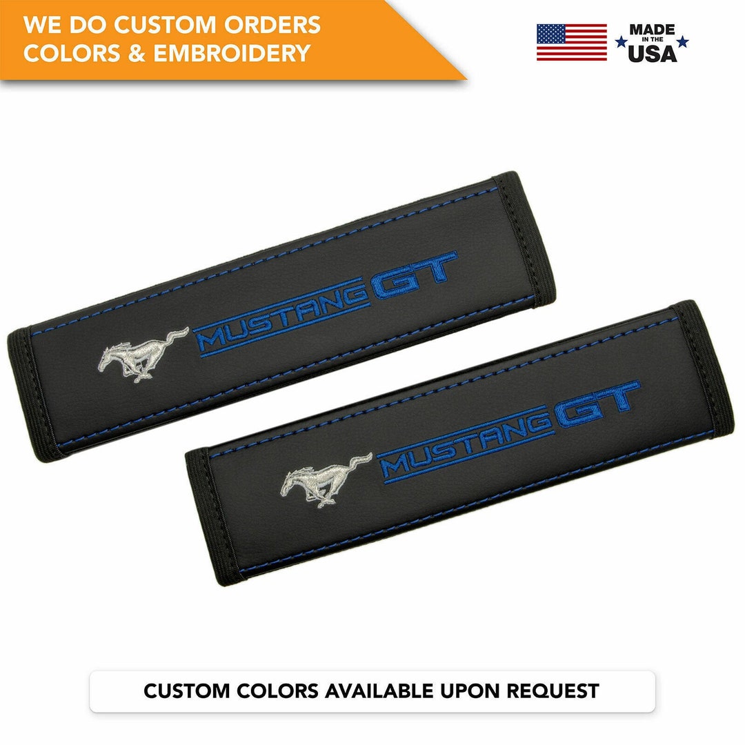 Car Seat Belt Covers Fit Mustang GT Blue Embroidery Vegan Leather Black ...