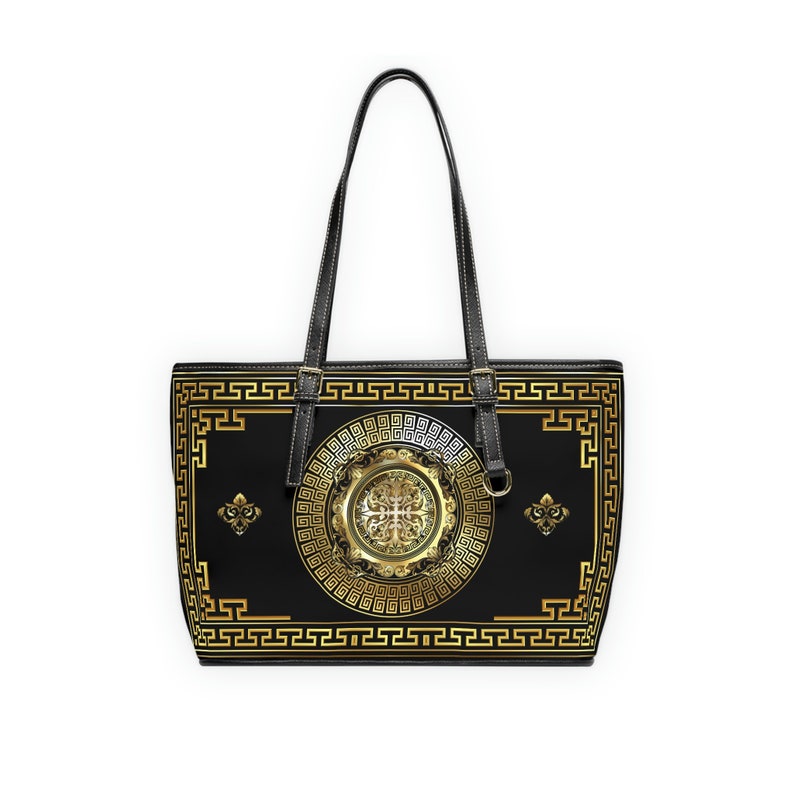 Greek Key Black Gold Medallion PU Leather Shoulder Bag - Etsy