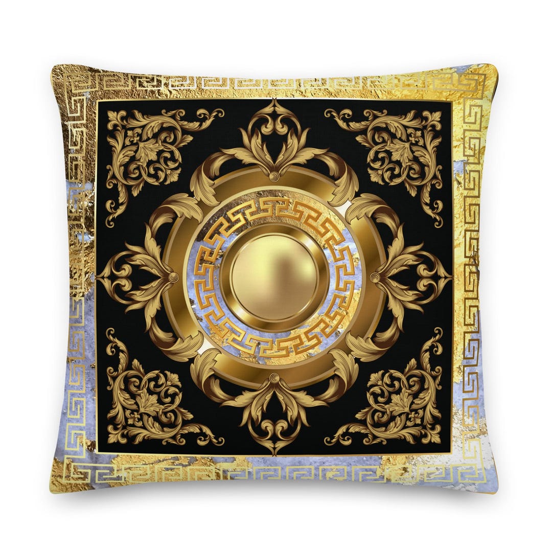 Greek Key Medallion Gold Black White Stone Premium Pillow - Etsy