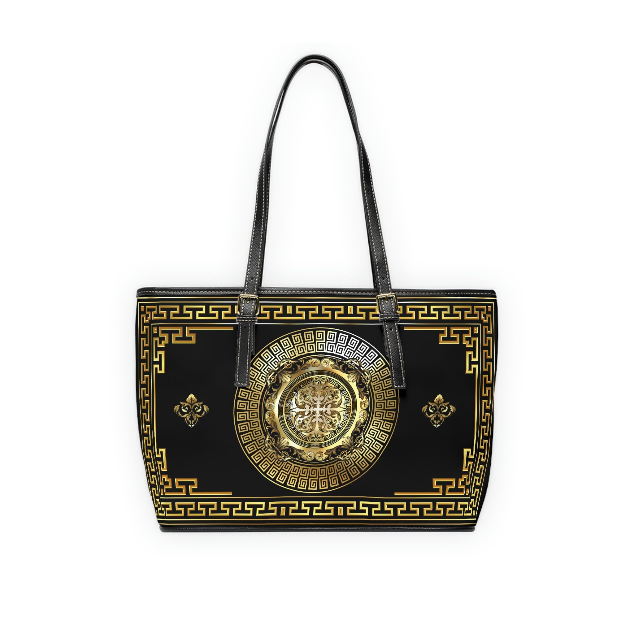 Greek Key Black Gold Medallion PU Leather Shoulder Bag - Etsy