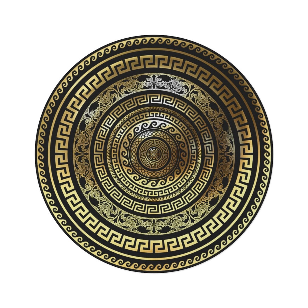 Greek Key Black Gold Round Rug - Etsy