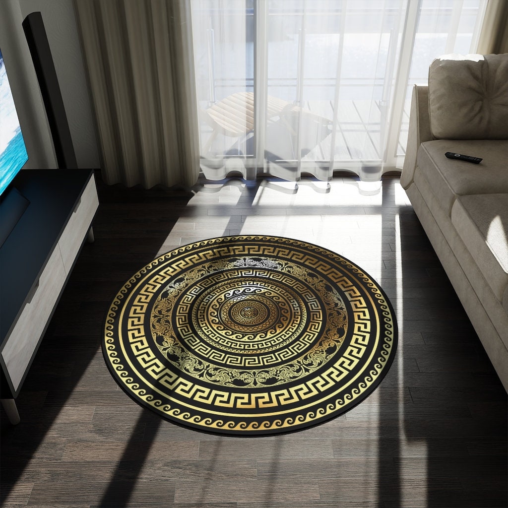 Greek Key Black Gold Round Rug - Etsy