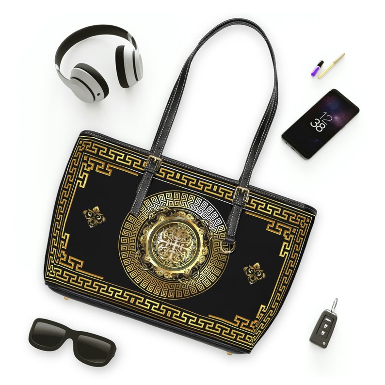 Greek Key Black Gold Medallion PU Leather Shoulder Bag - Etsy