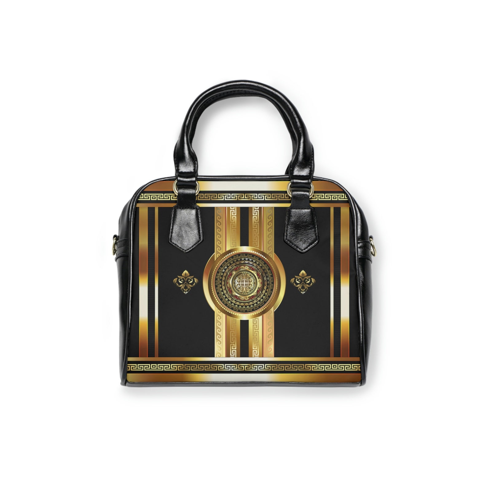 Greek Key Black Gold Medallion Shoulder Handbag - Etsy