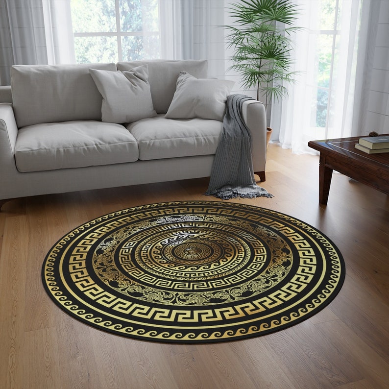 Greek Key Black Gold Round Rug - Etsy