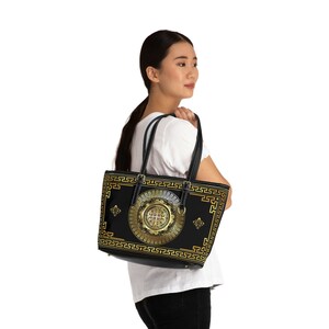 Greek Key Black Gold Medallion PU Leather Shoulder Bag - Etsy