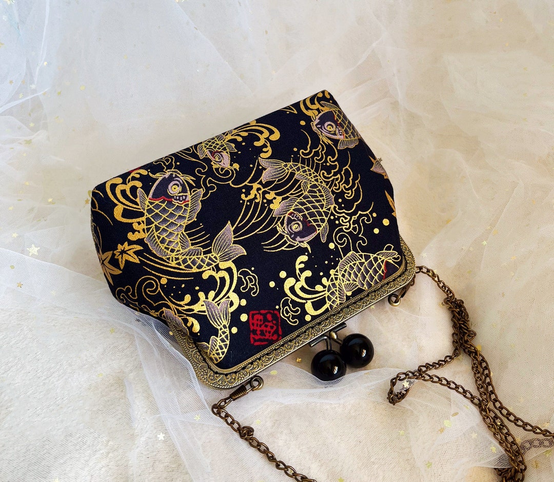 Japanese Mini Bag Handmade Bag in Cotton Black Gold Clutch - Etsy
