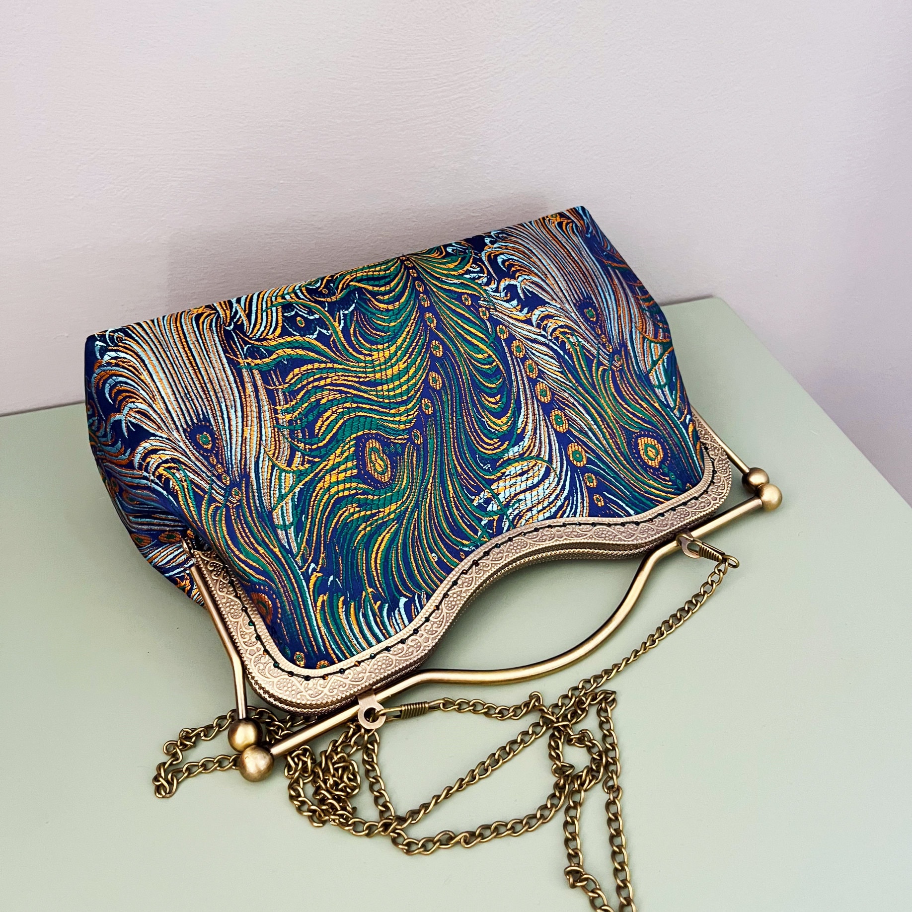 Green Blue Shoulder Bag, Green Peacock Feathers Bag, Evening Bag ...
