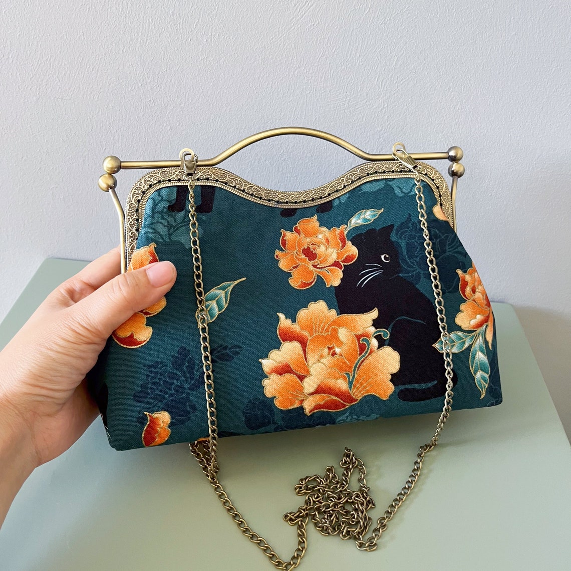 Japanese Shoulder Bag, Green Evening Bag, Black Cat Bag, Flower and Cat ...