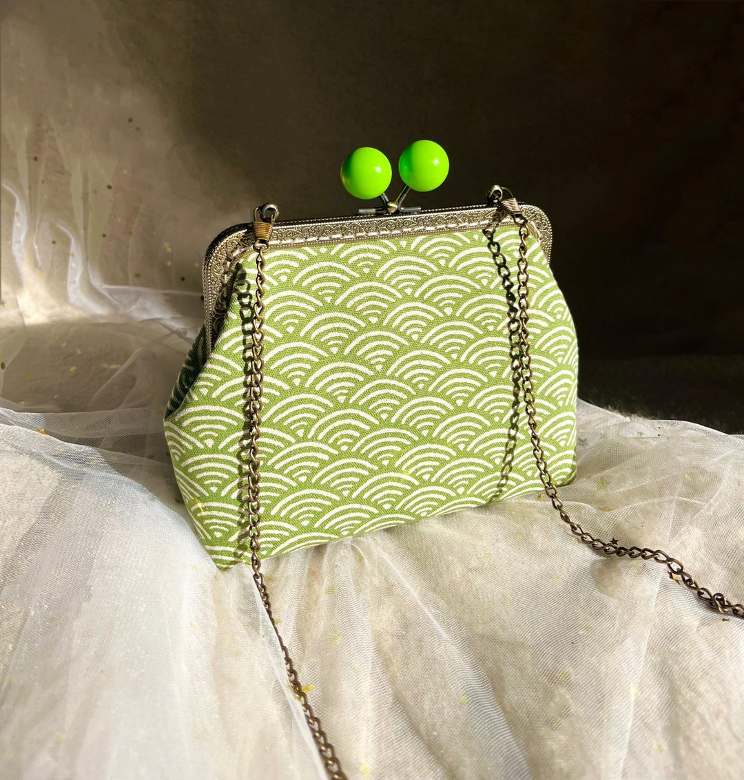 Japanese Mini Bag, Handmade Bag in Cotton, Green Clutch, Green Storage ...