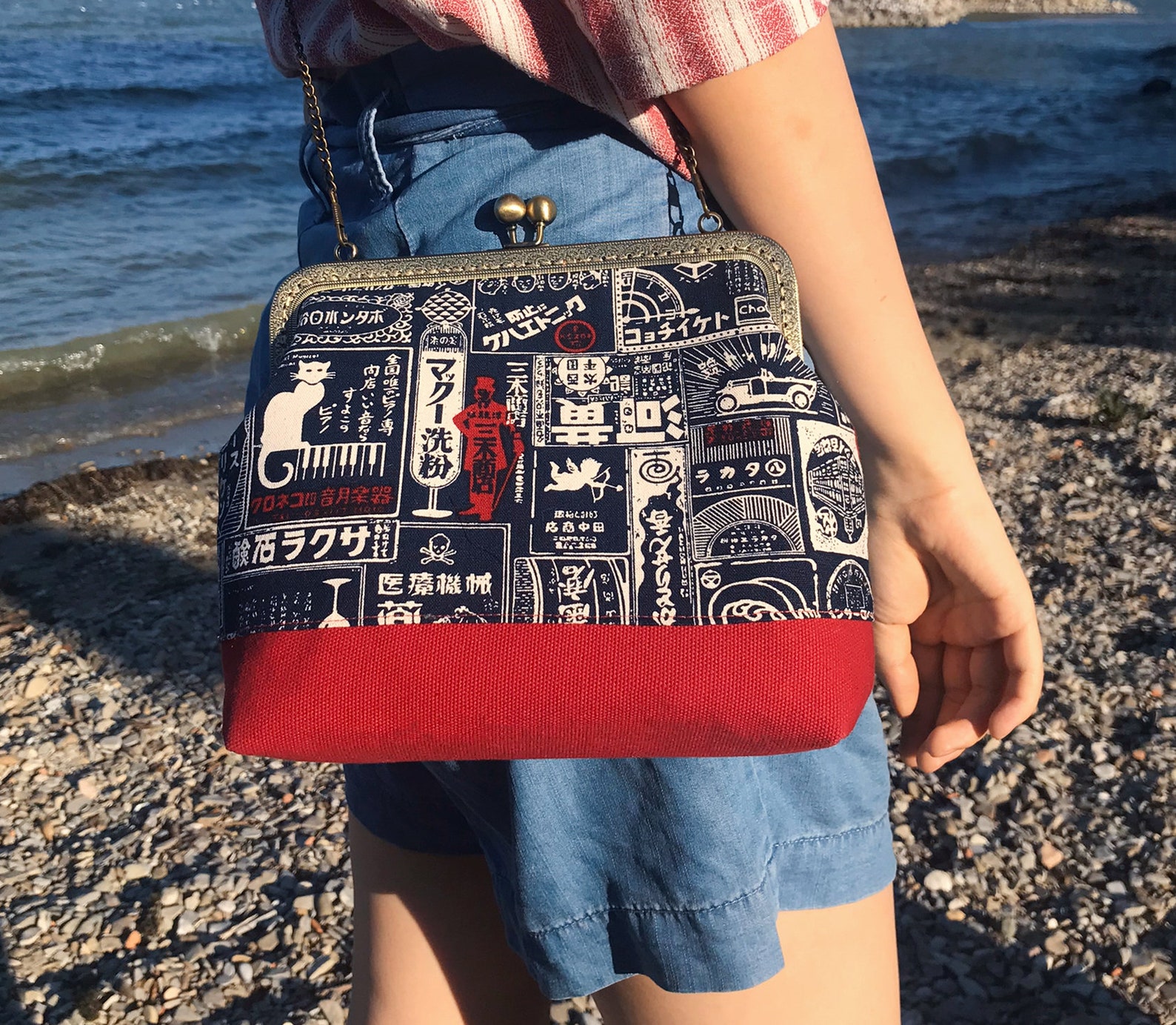 Japanese bag/red blue shoulder bag/Japanese vintage bag with | Etsy