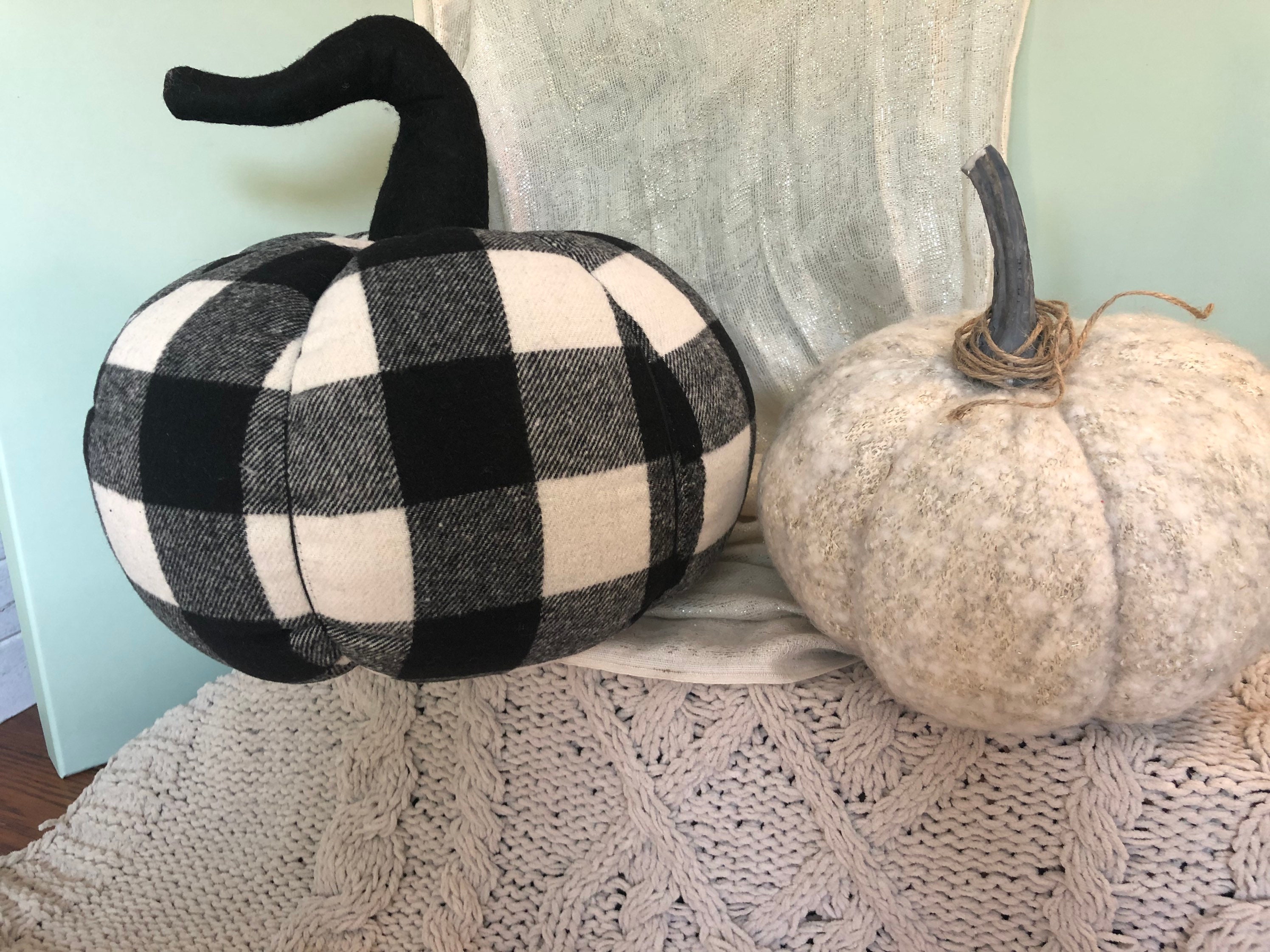 Large soft fabric pumpkins set of two, Buffalo Check and soft fuzzy ...