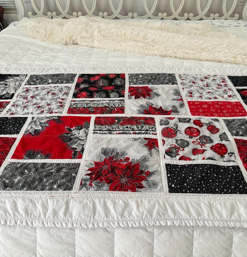 Christmas Bed Runner Patchwork Quilt Red, White, Black, and Silver ...