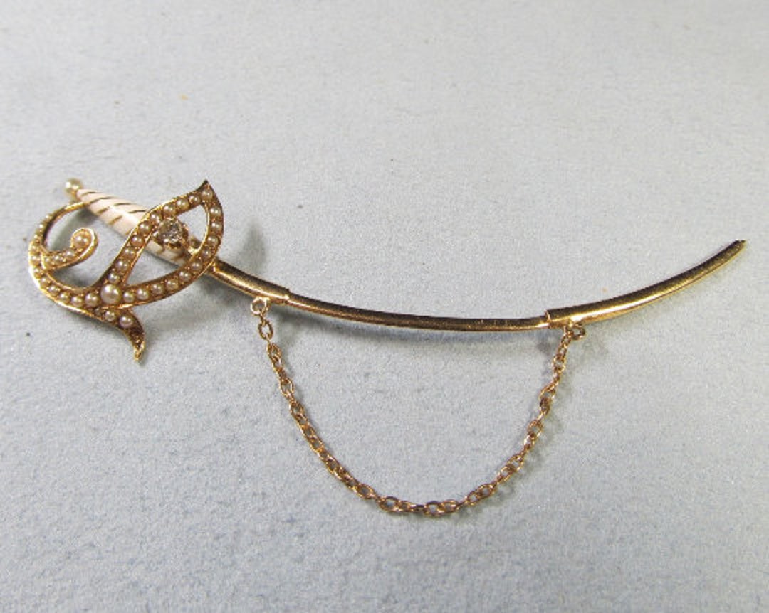 Enamel Sword Cloak Pin Antique Victorian 14 Karat Gold Seed Pearl and ...