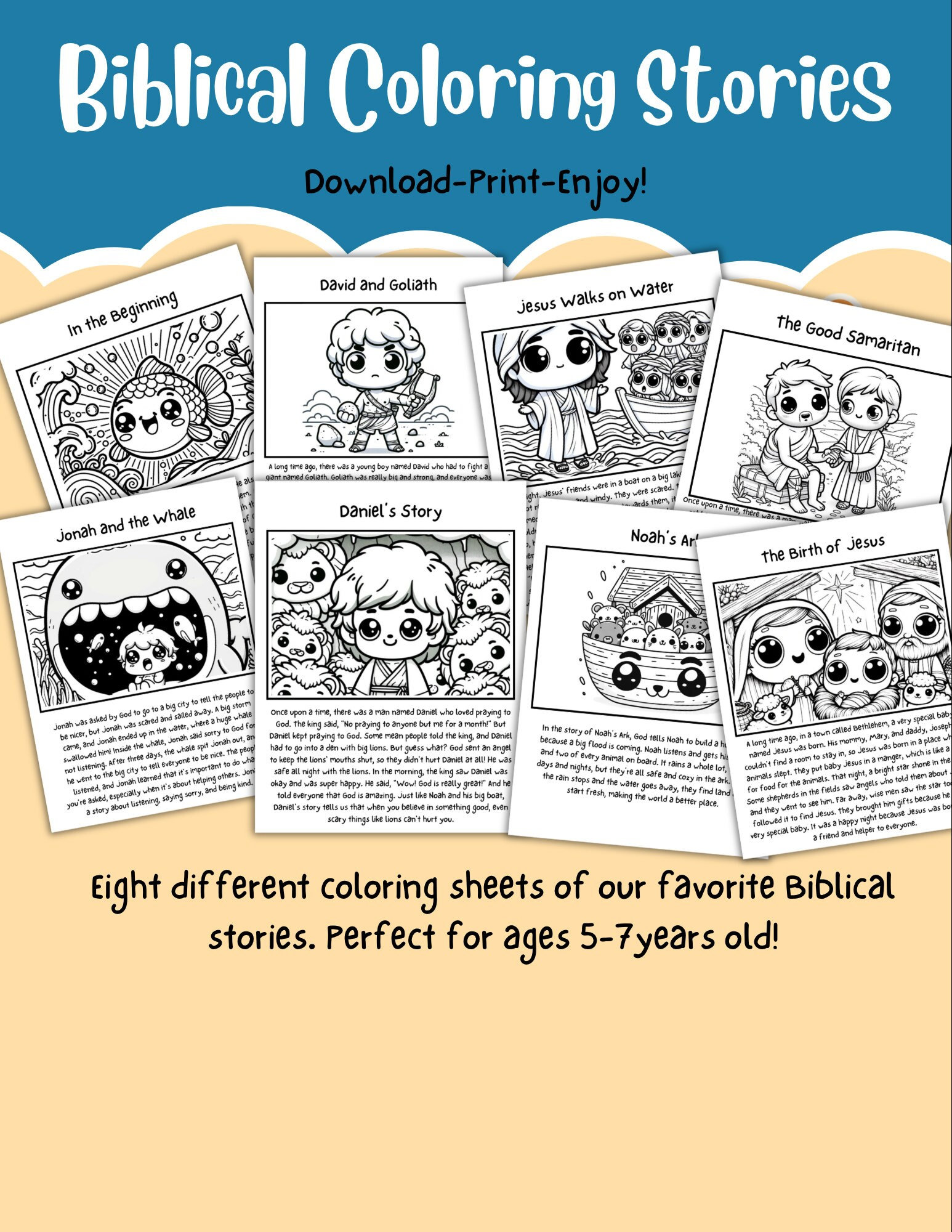 Title: 8 Bible Story Coloring Pages for Kids (PDF, Instant Download) - Etsy