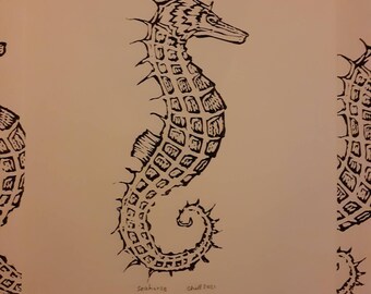 Seahorse Linocut Print - Etsy