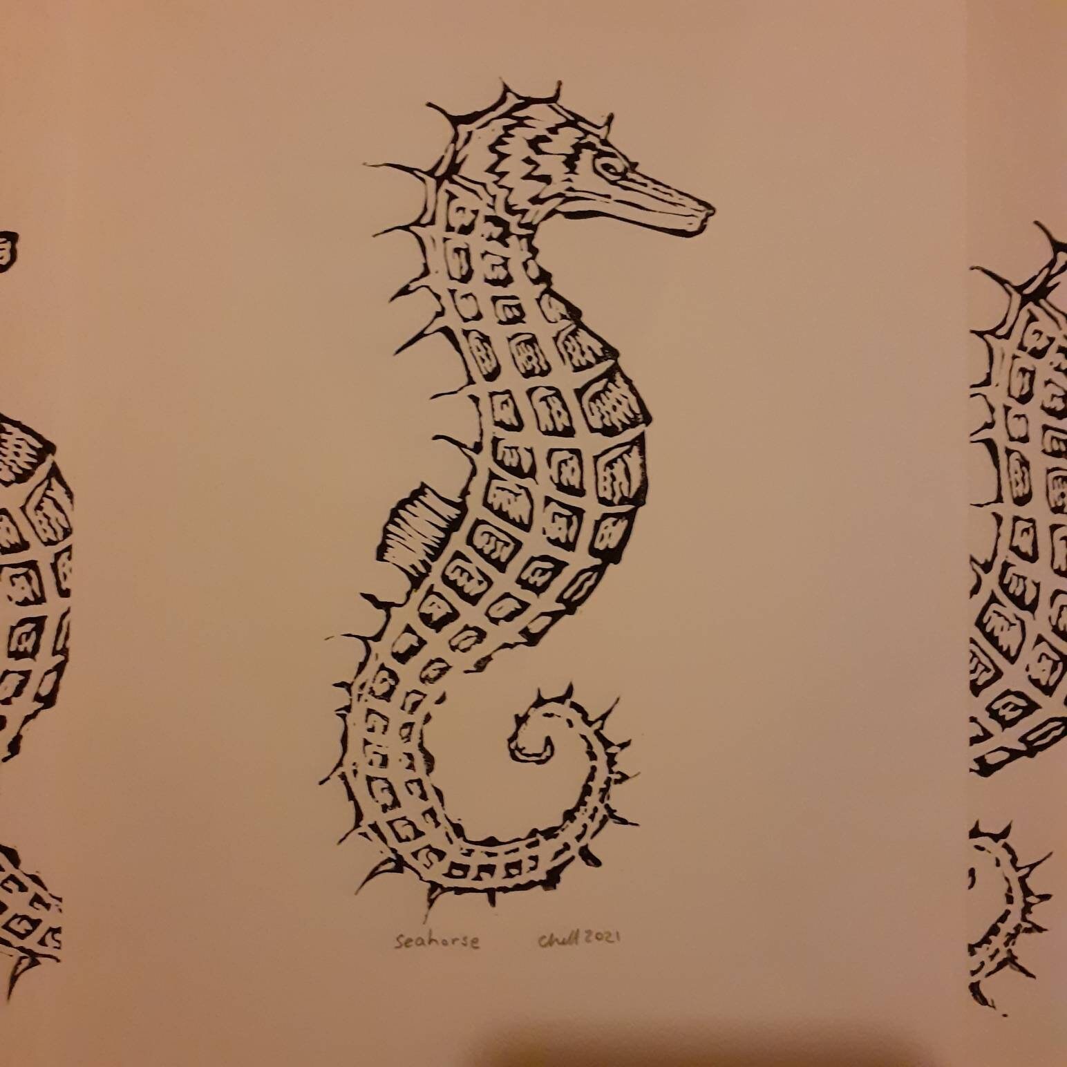 Seahorse Linocut Print - Etsy
