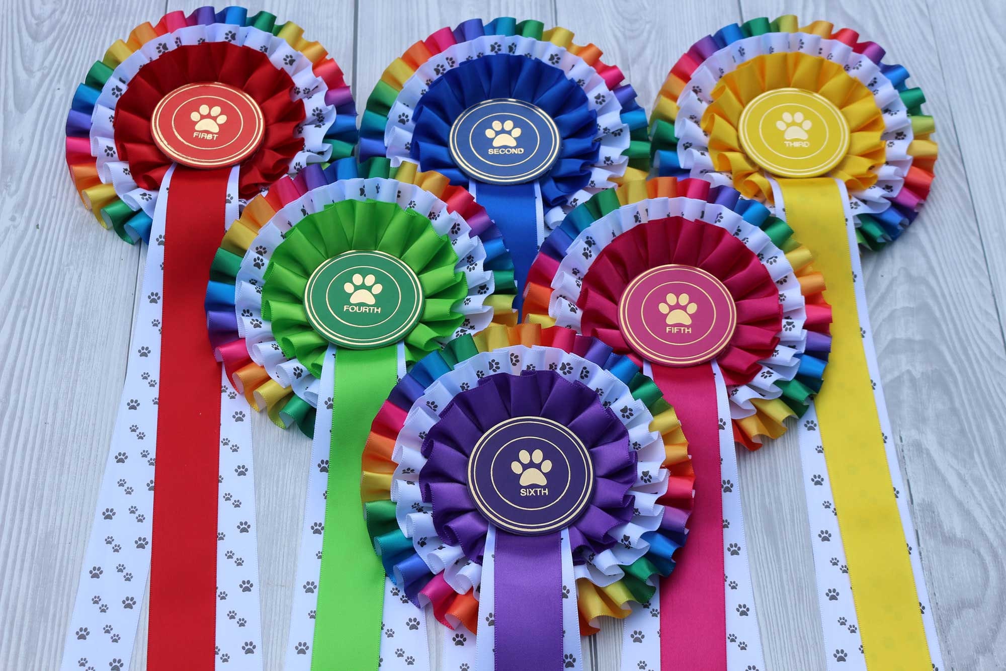 Colourful 3-tier Rosettes in Rainbow Dog Paw and Place | Etsy