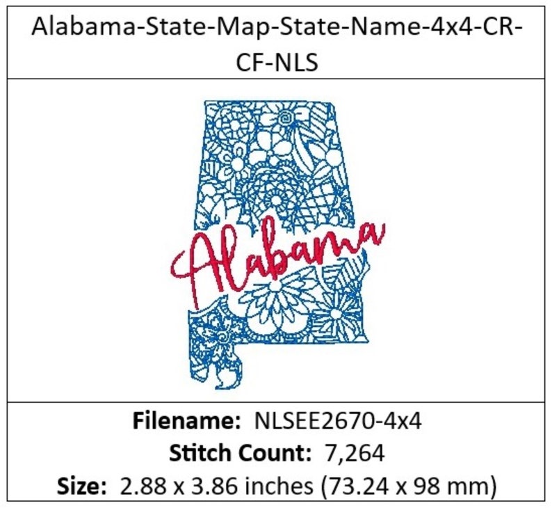 Alabama-state-map-4x4-cr-cf-nls (1 Machine Embroidery Design) - Etsy