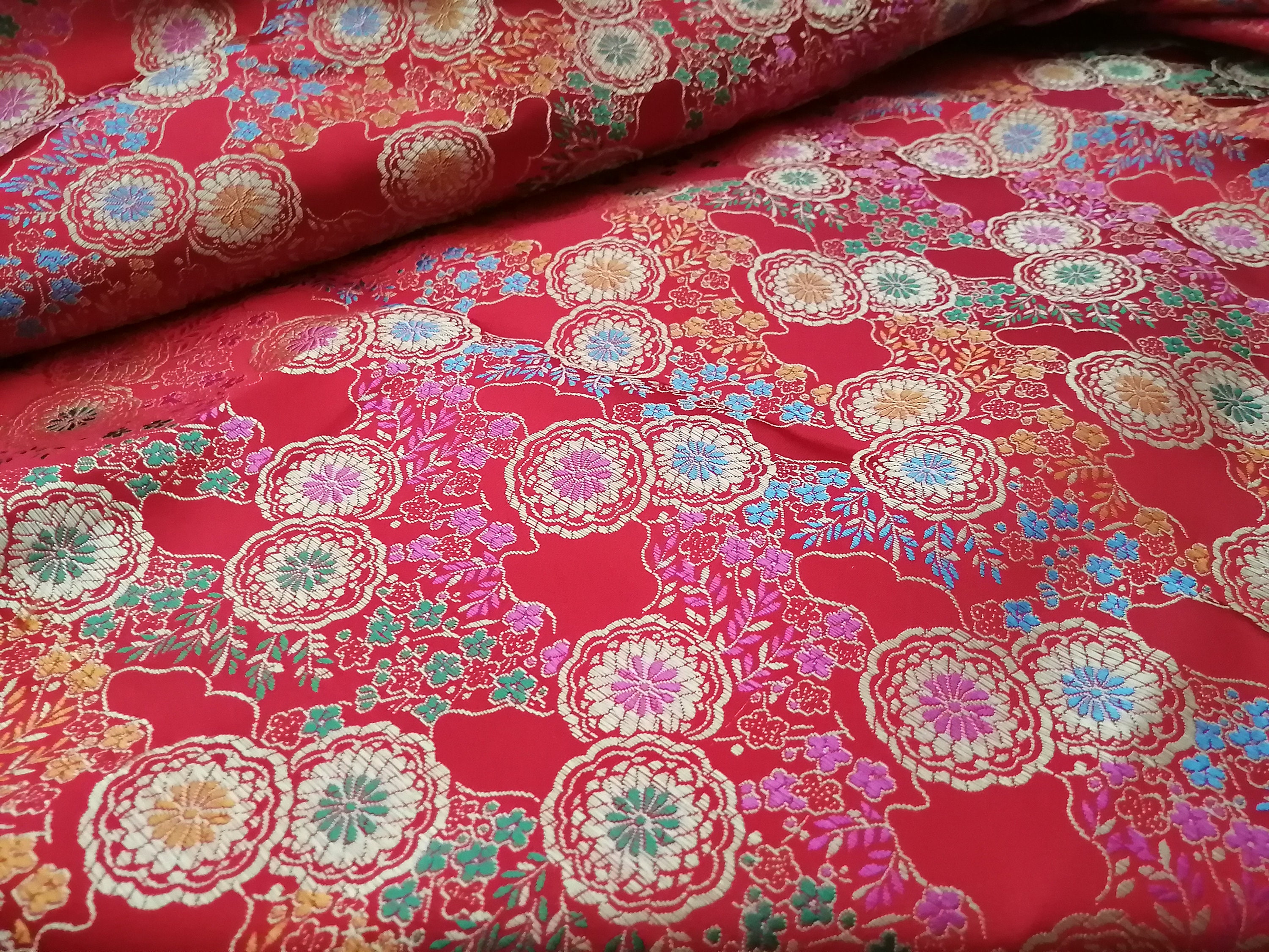 Red Silk Brocade with Gold Floral Blossom Faux Silk Brocade | Etsy