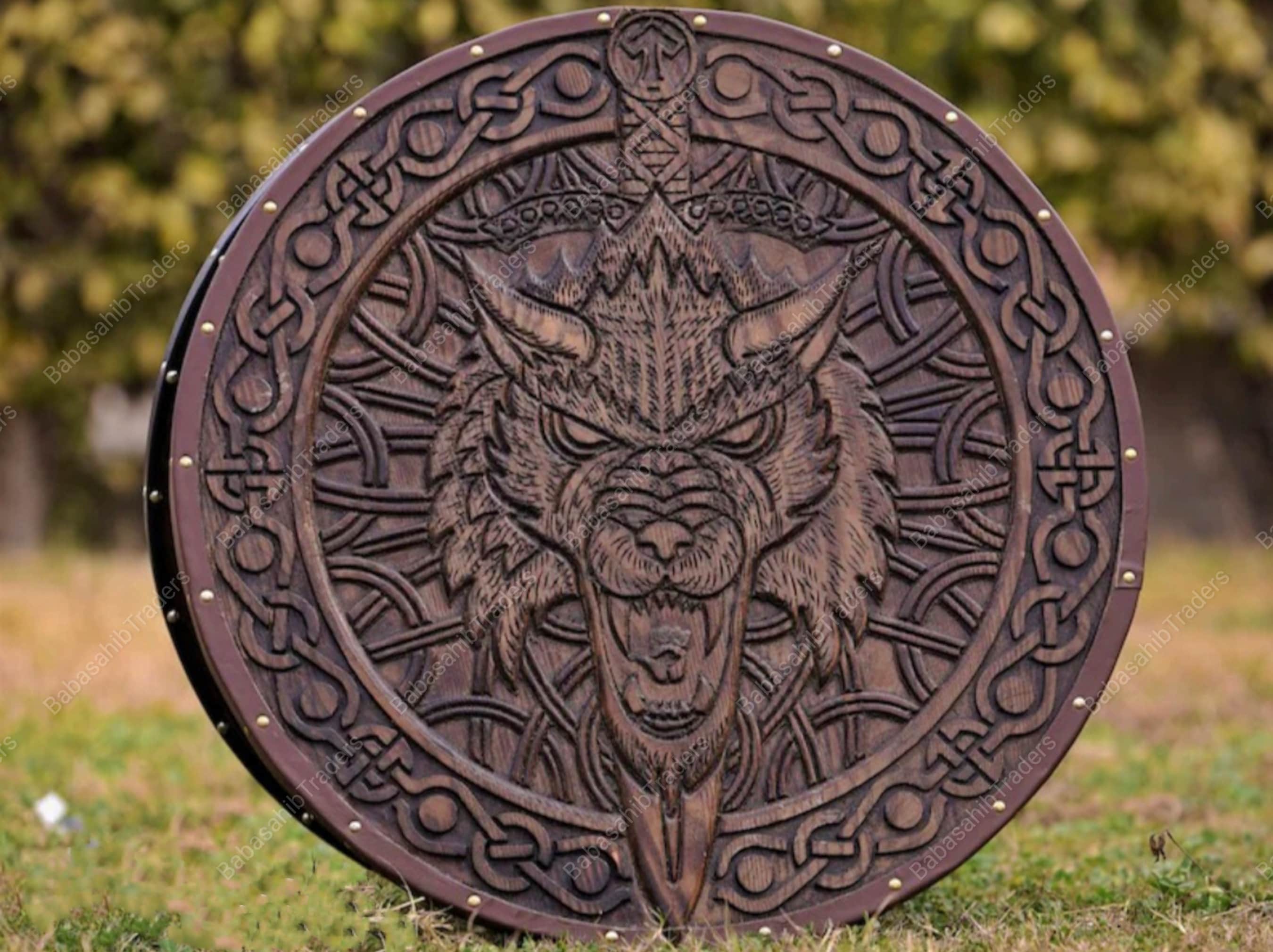Personalized Medieval Style Fenrir Carved Round Wood Shield Viking ...
