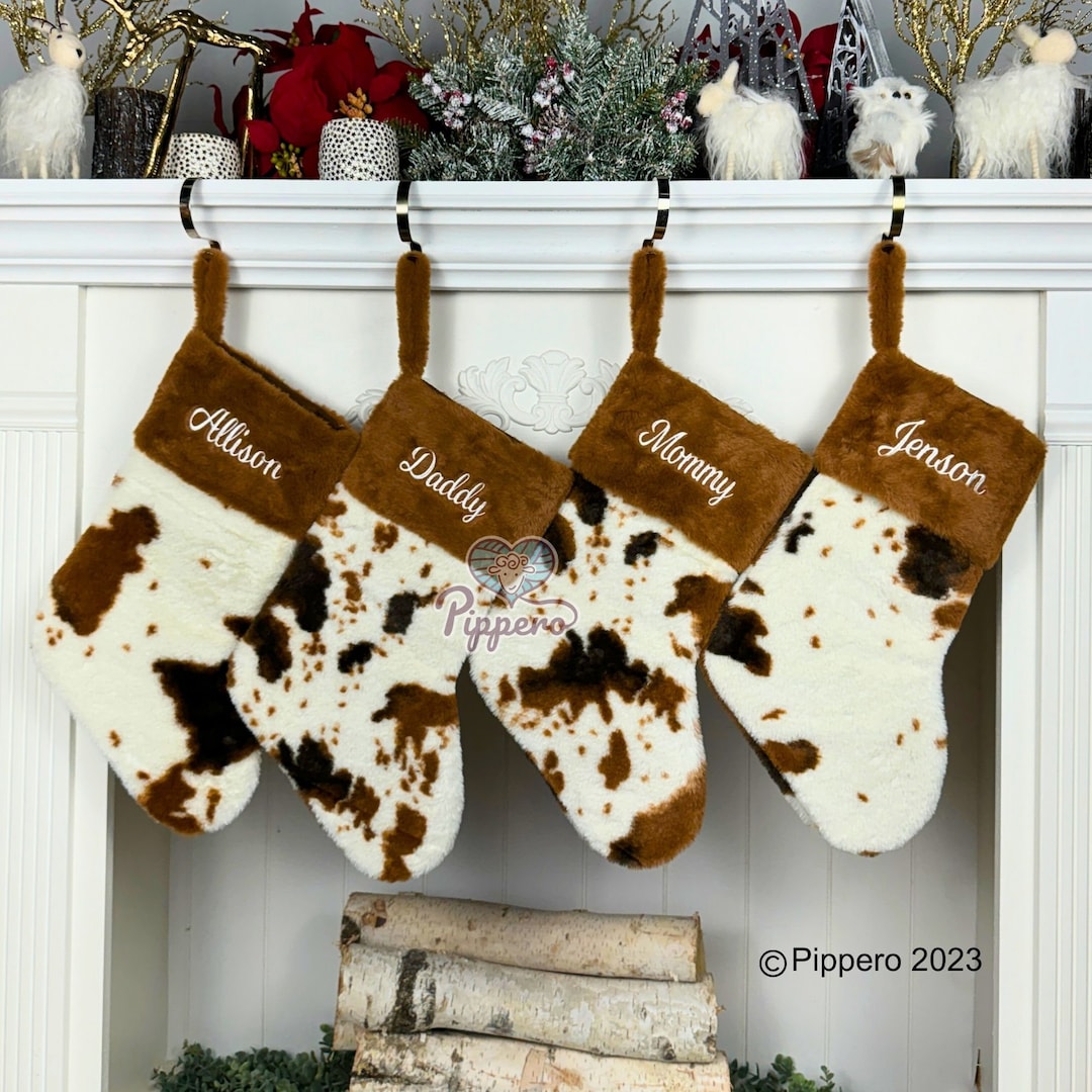 Brown Cow Personalized Stocking - Furry Cow Custom Stocking - Family ...