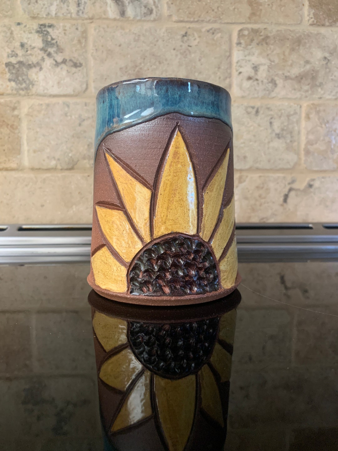 Sunflower Pottery Mug, 15 Oz Hand Made Blue Stoneware Mug, Wheel Thrown ...