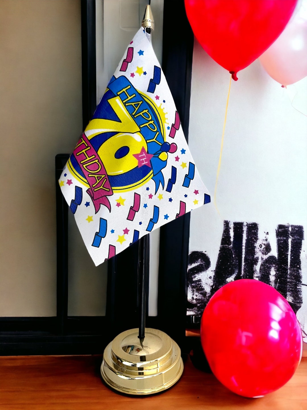HAPPY 70th BIRTHDAY Table Flag With Golden Base - Etsy