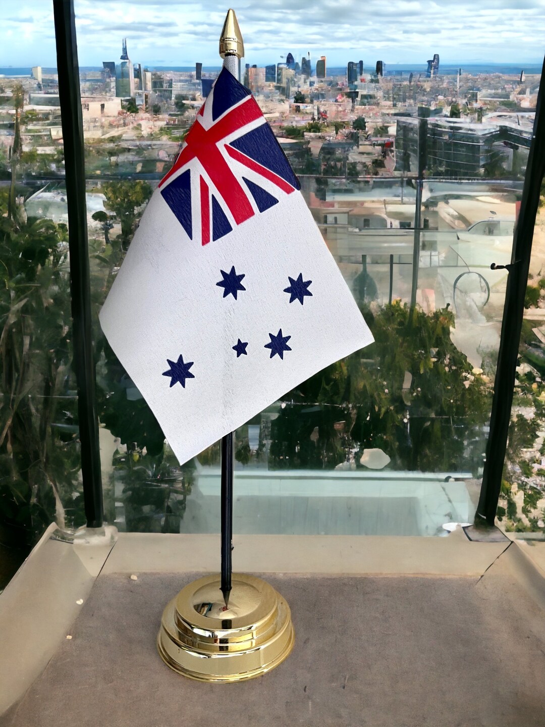AUSTRALIAN White Naval Ensign Table Flag With Golden Base Stands 25cm ...