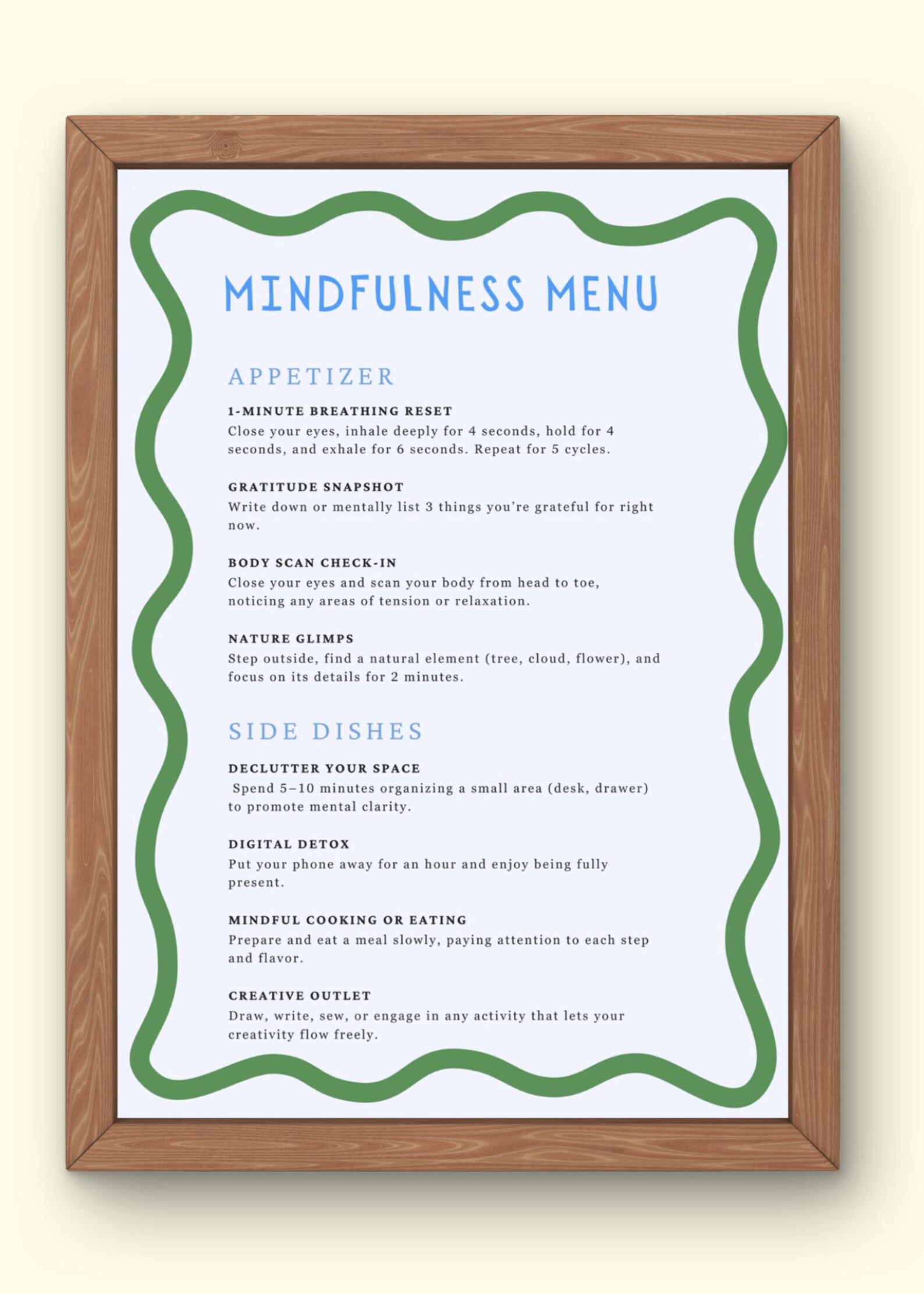Mindfulness Menu Printable – A Guided Wellness Tool for Mindful Living, Self-care, and Therapy ...