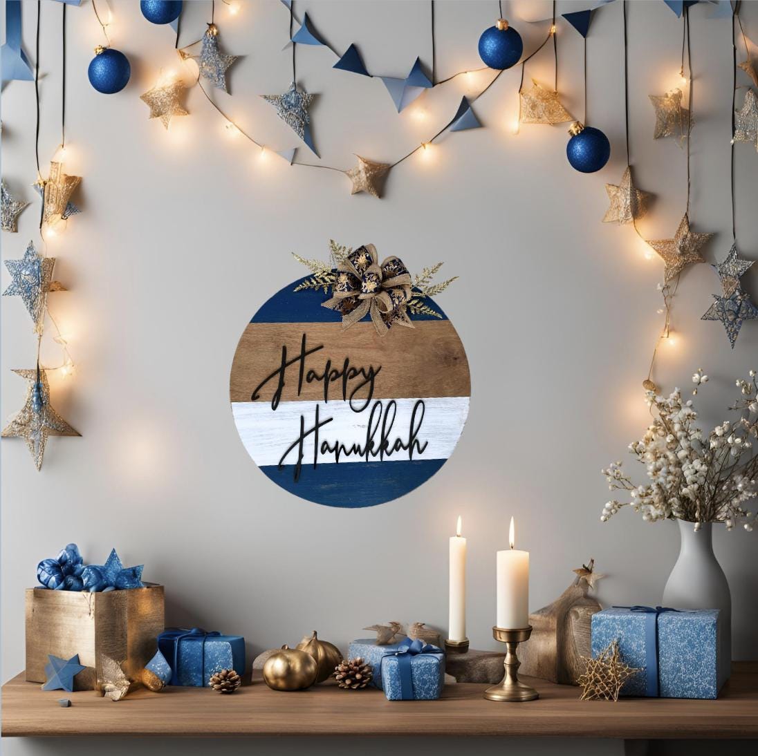 Hanukkah Wood Round Door Hanger Decoration Happy Hanukkah Door Sign ...